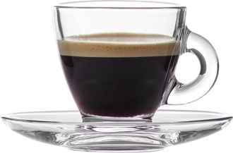 LAV Kaffeetassen und Untertassen aus Glas, kleine Espressotassen mit Griff, 85 ml, klares Latte-Tassen-Set - 6 Tassen + 6 Untertassen - Geschenk f&uuml;r Kaffe