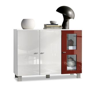 Vladon Sideboard Denjo, Made in Germany, Kommode mit 3 Türen, Weiß matt/Weiß Hochglanz/Bordeaux Hochglanz (107 x 81 x 35 cm)