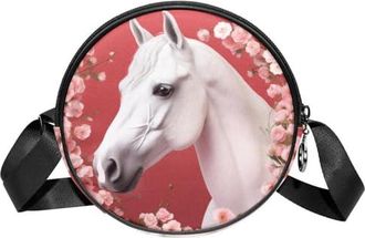 Generic Sac &agrave; bandouli&egrave;re rond pour femme, motif cheval et fleurs, petit sac &agrave; dos &agrave; bandouli&egrave;re avec fermeture &eacute;clair, bretelles r&eacute;glables, sac &agrave; main rond d