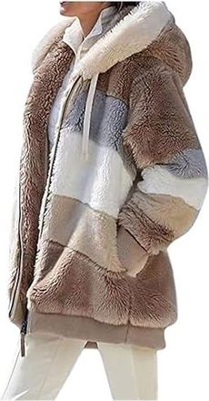 Generic Veste matelassée en laine dagneau contrastée pour femme - Veste dhiver décontractée à capuche avec fermeture éclair