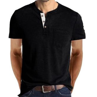 Generico T-shirt pour homme &agrave; manches courtes en coton, style d&eacute;contract&eacute;, respirant, avec boutons et poche pour un usage quotidien, Noir, XXXL