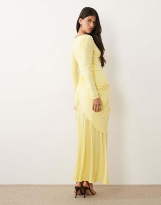 Daska Robe longue &agrave; encolure bateau avec manches longues et jupe drap&eacute;e - Jaune