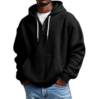 Generic Sweat &agrave; capuche pour homme - Motif gaufr&eacute; - Manches longues - Avec fermeture &eacute;clair 1/4 - Couleur unie - Confortable - Pull en tricot d&eacute;contract&eacute; - Av