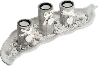 Relaxdays Teelichthalter Set mit Tablett & Steinen, 50,5 cm, Tischdeko Wohnzimmer, Esszimmer, Landhausstil, beige/weiß