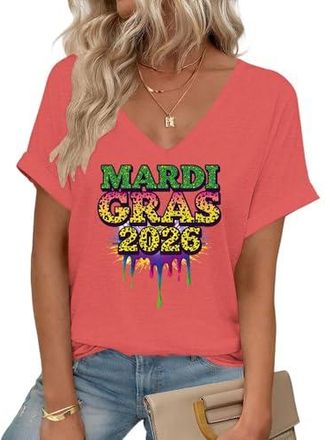 Generic T-shirt Mardi Gras pour femme, col en V - T-shirt d&eacute;contract&eacute; &agrave; manches courtes pour carnaval, v&ecirc;tements d&eacute;t&eacute; - pour les loisirs et les voyages, Rouge
