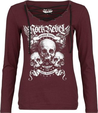 Rock Rebel by EMP Damen dunkelrotes Langarmshirt mit V-Ausschnitt und Schn&uuml;rung XXL