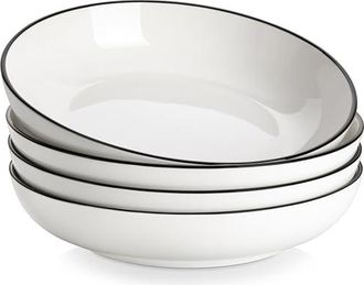 Malacasa S&eacute;rie REGULAR 1680ml Assiettes &agrave; P&acirc;tes en Porcelaine, Assiettes Creuses, Service de Bols &agrave; Salade 4 Pi&egrave;ces, Blanc avec Bord Noir