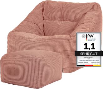 Icon Brand Natalia Sitzsack Sessel mit Hocker für Erwachsene, Rosa, Flauschiger Cord Stoff, Riesen Sitzsack Samt mit Füllung, Bean Bag Chair, Bequemer Sessel Woh
