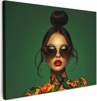 MuchoWow © Wandbilder 80x60 cm Schlafzimmer Home Deko Wohnung Bild Wohnzimmer Fotoleinwand Wand Bilder Leinwand Wall Decor Frau - Grün - Modern - Brille - Abst