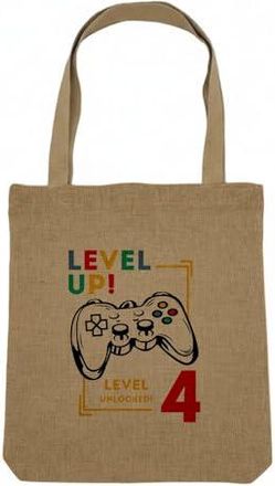 Fabulous Sac Shopping Tote Bag Aspect Lin - Level Up! Unlocked 4 Anniversaire Celebration Enfant Cadeau Jeux Video Anglais - Sac de Courses Toile Epaisse 360g 