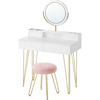 Vasagle Coiffeuse avec Miroir Pivotant et Tabouret, &Eacute;clairage et Multiprise, Tabouret Rembourr&eacute;, pour Chambre, Coiffeuse, Blanc et Dor&eacute;