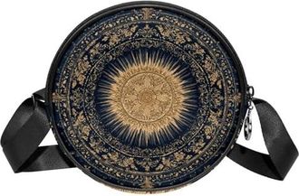 Generic Sac &agrave; bandouli&egrave;re rond pour femme, motif artistique r&eacute;tro, sac &agrave; dos &agrave; bandouli&egrave;re avec fermeture &eacute;clair, bretelles r&eacute;glables, sac &agrave; main rond d&eacute;contr