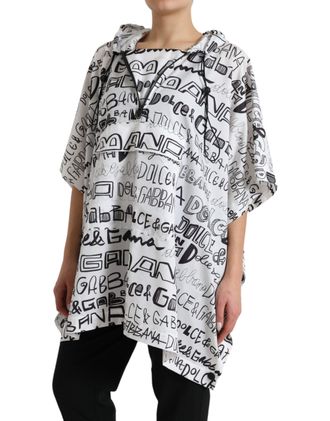 Dolce & Gabbana Womens White Logo Print Hooded Blouson T-Shirt Top Black And Polyester