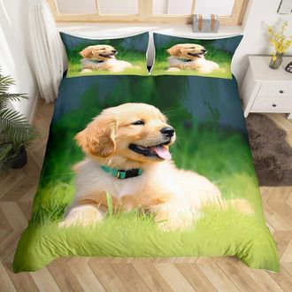 Generic Welpe Bettw&auml;sche &uuml;bergr&ouml;&szlig;e 155x220 Golden Retriever 3 Teilig Bettbezug 155 x 220 cm 3D Bettw&auml;sche-Sets Weiche Bettbezug Set Hund Bettbez&uuml;ge Set und 2 