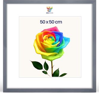 MG Design Bilderrahmen 50 x 50 cm - Posterrahmen mit Grau Holzrahmen (Echtholz) und bruchsicherem Acrylglas, Hoch & Quer mit stabiler Wandaufh&auml;ngung