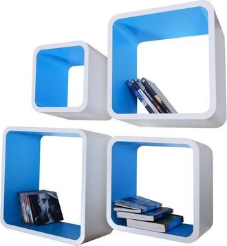 Cube Verstärkte Vielen Farben MDF Retro Design 4er Set Regal Regale Wandregal Deko Würfel CD DVD Lounge LO02 (Weiß/Blau)