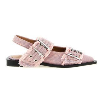 Ganni Femme, Chaussures, Rose, Taille: 38 EU Ballerines Slingback en denim avec boucle f&eacute;minine et franges