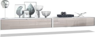 Vladon 2er-Set TV Board Lana 140, Made in Germany, Lowboards je 140 x 29 x 37 cm mit viel Stauraum, Korpus in Weiß matt, Fronten in Sandgrau Hochglanz | Groß
