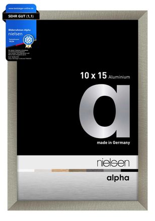Nielsen Design Bilderrahmen, 10 x 15 cm, Aluminium, Edelstahl matt, Fotorahmen zum Auftstellen und Aufh&auml;ngen im Hoch- & Querformat, Echtglas, Alpha