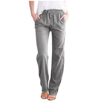 Generic Pantalon en lin pour femme Printemps &eacute;t&eacute; habill&eacute; taille haute avec cordon de serrage en coton droit Pantalon de d&eacute;tente Pantalon de plage, gris, XXL