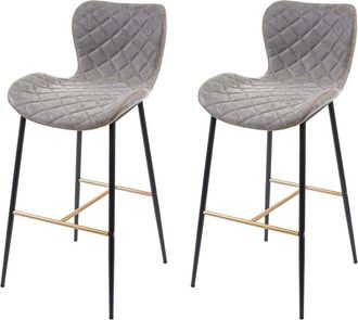 Hhg 2x tabouret de bar HHG-956, chaise de bar/comptoir, vintage, haubans dorés, similicuir, aspect daim, gris