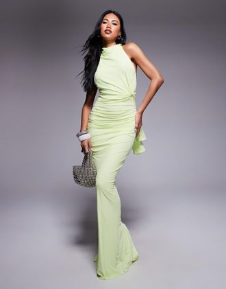 Asos Robe dos nu longue en tulle avec encolure nouée au dos et détail torsadé sur le buste - Pistache-Vert