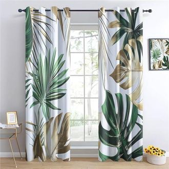 Generic Rideaux Occultants 3D Feuilles dorées Tropicales élégantes Imprimé Rideau Isolant Thermique pour Salon Vert Design Moderne Rideau De Cuisine De Porte 