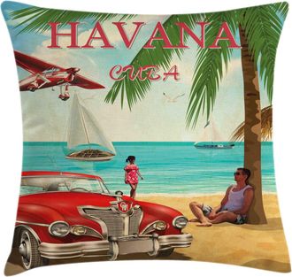 Abakuhaus Reise Kissenbezug, Retro Havana Kuba Auto Strand, aus Farbfesten Waschbaren Stoff Beidseitiger Druck mit robusten Reißverschluß, 40 x 40 cm, Türkis Aq