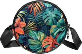 Generic Petit sac &agrave; bandouli&egrave;re rond pour femme, motif plantes tropicales, sac &agrave; dos avec fermeture &eacute;clair, bretelles r&eacute;glables, sac &agrave; main rond d&eacute;contract&eacute; p