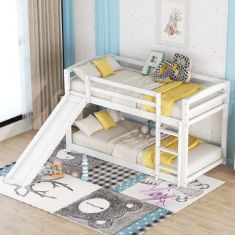 Myboo Kinderbett Etagenbett 90&times;200, Hochbett Kinder mit Leiter, Rutsche und Lattenrost, Platzsparendes Hausbett Etagenbettrahmen Spielbett Jugendbett, Holzb
