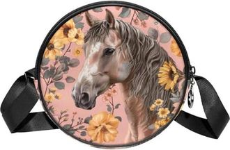 Generic Sac &agrave; bandouli&egrave;re rond pour femme, motif cheval et fleurs, petit sac &agrave; dos &agrave; bandouli&egrave;re avec fermeture &eacute;clair, bretelles r&eacute;glables, sac &agrave; main rond d