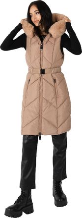 Lovedrobe Womens Ladies Gilet Faux Fur Hood Winter Jacket Sleeveless Padded Coat Quilted Belted Longline Body Warmer Outerwear, Mink, 46