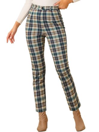 Allegra K Damen Plaid Cropped Hose Knopf Casual Tartan Karo Arbeitshose, Gr&uuml;n, Gro&szlig;