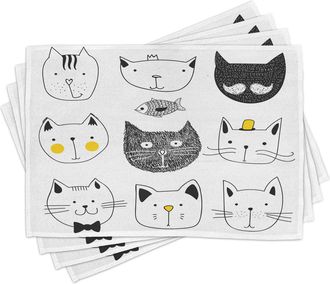 Abakuhaus Katze Platzmatten 8 Stück, Lustige Skizze mit Schnurrbart Fliege Hut Fisch Spaß Motiven Muster, Waschbare Stoff Esszimmer Küche Tischdekorations Digit