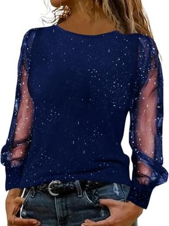 Onsoyours Chemisier Femmes Blouse en Tulle À Manches Longues Transparentes T-Shirt Mode Chic Épaules Dénudées Haut Tops Pullover Couleur Unie Shirt Tunique 01 B