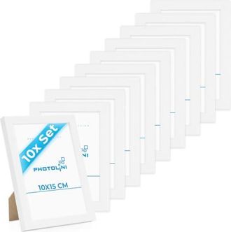 Photolini Cadre 10 x 15 bois MDF blanc, lot de 10 cadres photo pour posters et affiches, verre acrylique incassable, d&eacute;coration murale &agrave; suspendre & &agrave; poser, av