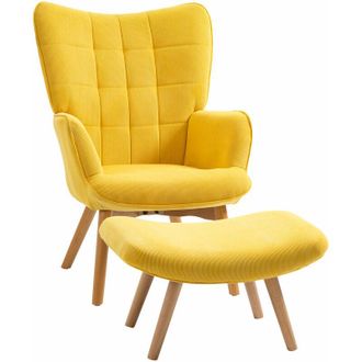 HOMCOM Sessel mit Hocker, Ohrensessel mit Hoher R&uuml;ckenlehne, Holzbeine, Loungesessel mit getuftetem Design, Cord-Optik, f&uuml;r Wohnzimmer, Gelb - Homcom