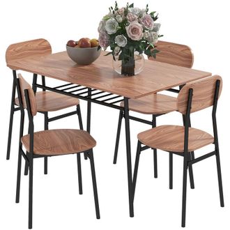 HOMCOM Essgruppe Esstisch mit 4 St&uuml;hlen, Ablagefl&auml;che, Platzsparende Esszimmergruppe im Landhausstil Sitzgruppe f&uuml;r Esszimmer, K&uuml;che Teak