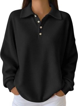 Generic Henley 2025 Pull &agrave; manches longues en tissu gaufr&eacute; pour femme Coupe ample 1/4 bouton/fermeture &eacute;clair, c-noir, 5XL