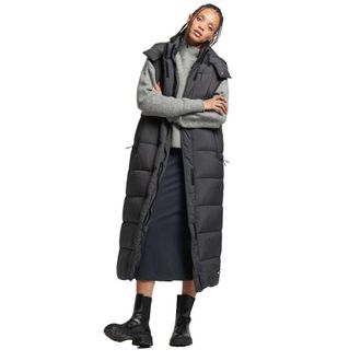 Superdry Damen Lange Ripstop Weste mit Kapuze Schwarz Raster 36