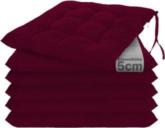 Brandsseller 6er Set Stuhlkissen 40x40x5 cm Sitzkissen Polster Stuhlauflage mit Halteb&auml;ndern Dekokissen f&uuml;r Indoor Outdoor gesteppt - Beerenrot