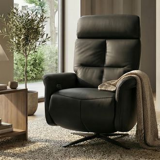 Mendler Relaxsessel HWC-L10, TV-Sessel Liegesessel, Liegefunktion drehbar, elektrisch verstellbar Voll-Leder - schwarz