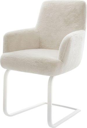 DELIFE Schwingstuhl Heira-Flex mit Armlehnen Freischwinger flach Wei&szlig; Pl&uuml;sch Creme-Wei&szlig; Taschenfederkern