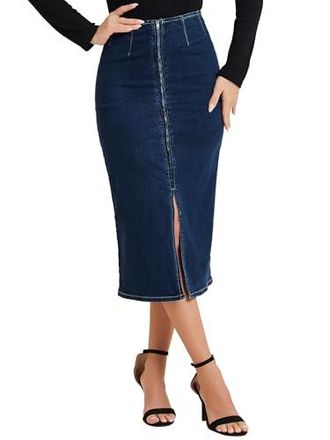 Allegra K Jupe Longue en Jean pour Femmes Fente sur Le Devant Fermeture &Eacute;clair Taille Haute Jupe Fendue Moulante Bleu fonc&eacute; XS