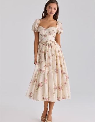 House of CB Penelope - Robe mi-longue en mousseline &agrave; imprim&eacute; roses vintage - Ivoire-Blanc