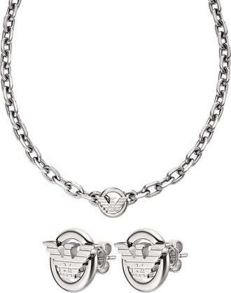 Emporio Armani Herren Silberfarbener Edelstahl Halskette und Ohrringe, Set