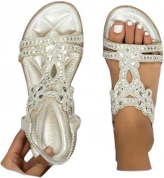 Generic Sandales plates avec strass pour femme - Large largeur - Confortables - Antid&eacute;rapantes - Style d&eacute;contract&eacute; - Sangle boh&egrave;me - Chaussures de marche r&eacute;gl