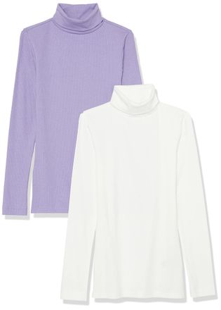 Amazon Essentials Damen Lang&auml;rmliges Rippstrick-Lagen-Top mit Rollkragen in schmaler Passform (erh&auml;ltlich in &Uuml;bergr&ouml;&szlig;en), 2er-Pack, Wei&szlig;/Purpur, XXL