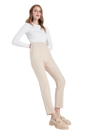 Trendyol Damen High Waist Cigarette Pants Pants Pants T&auml;glich, Beige, 42
