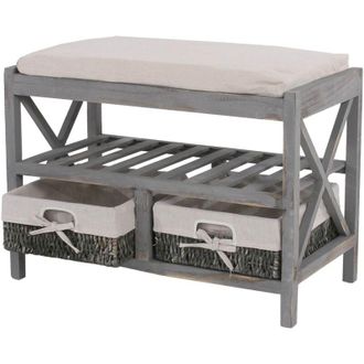 Hhg Etag&egrave;re / range-chaussures / banc, 45x65x34cm, shabby chic, vintage, gris